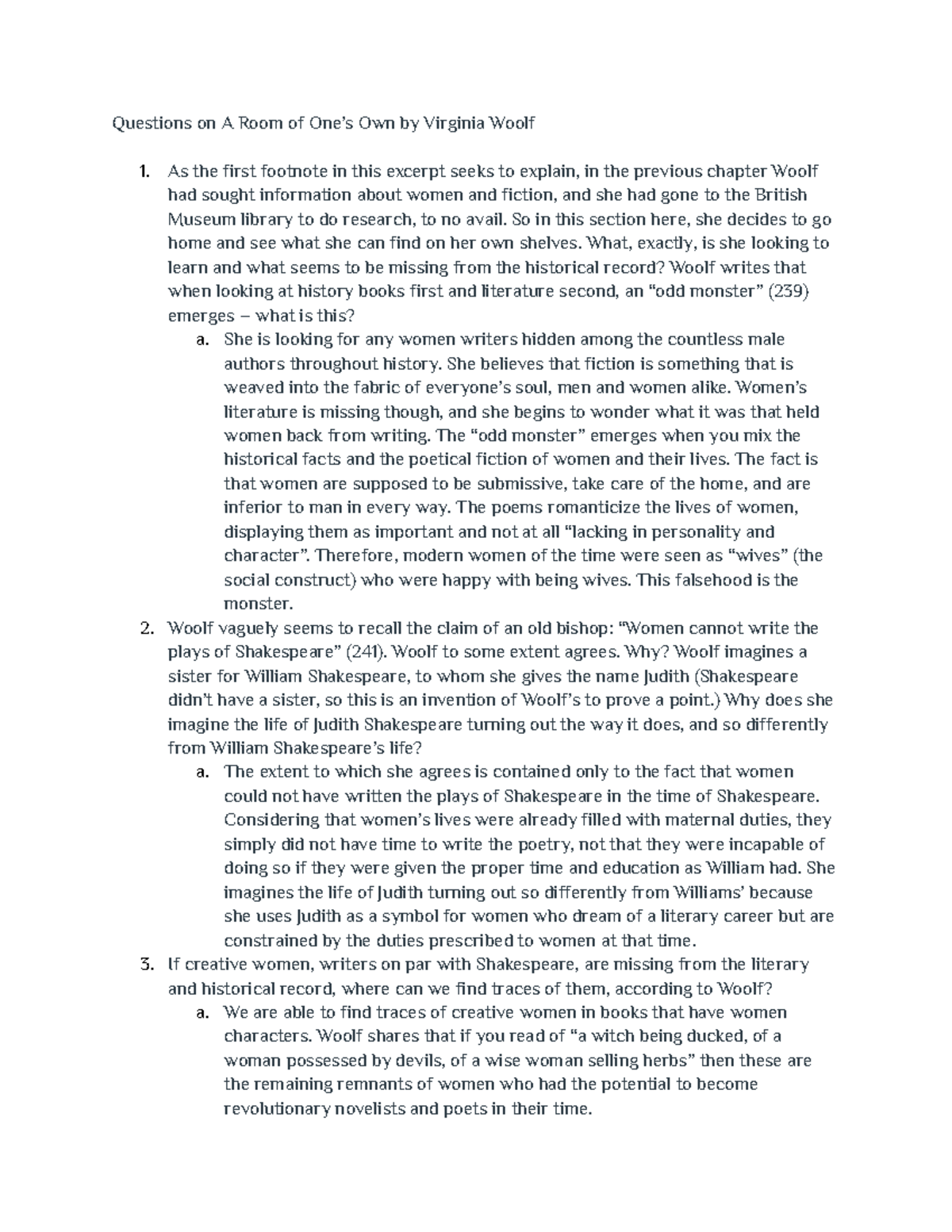 Questions on A Room of One's Own - So in this section here, she decides ...