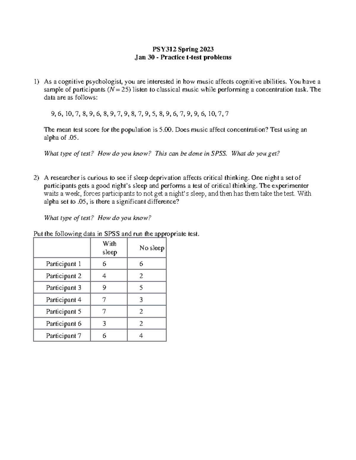 Practice t-test problems - You have a sample of participants (N = 25 ...