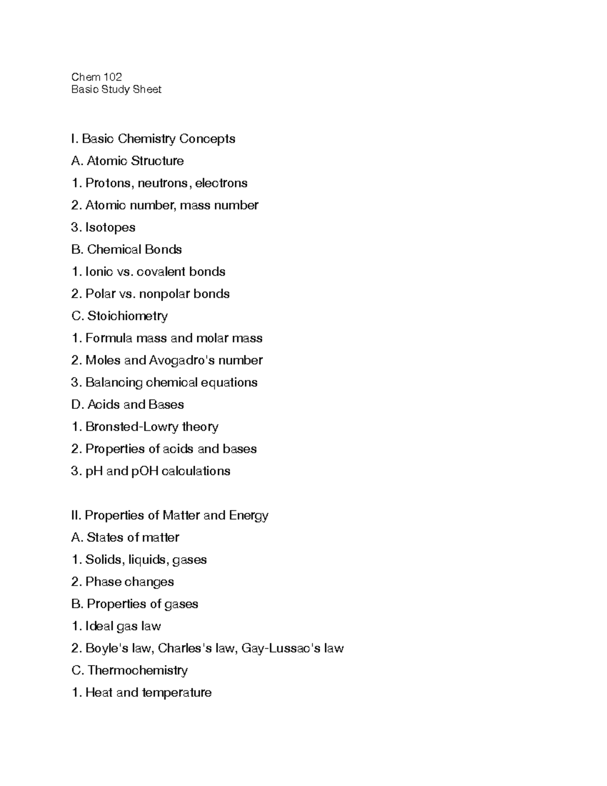 Chem 102.Basics - Lecture Summary - Chem 102 Basic Study Sheet I. Basic ...