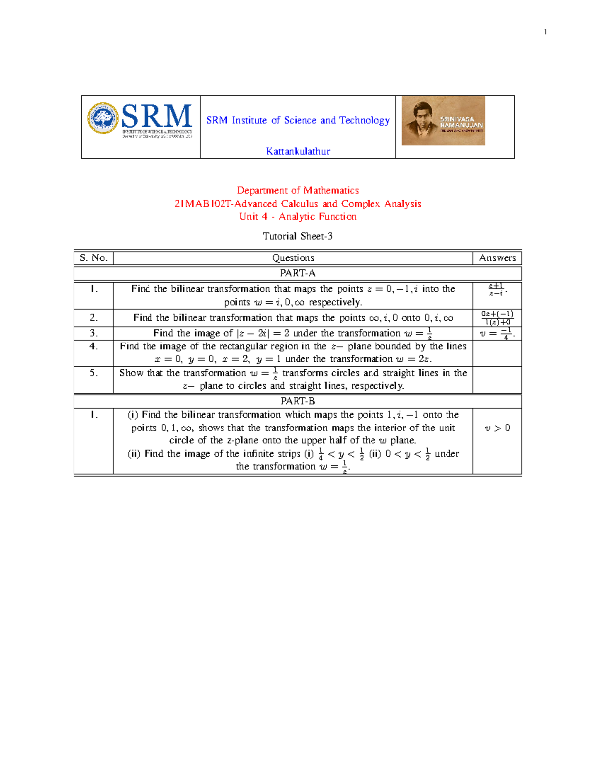 Tutorial 3 Unit-4 21MAB102T 2023-24 - 1 SRM Institute of Science and ...