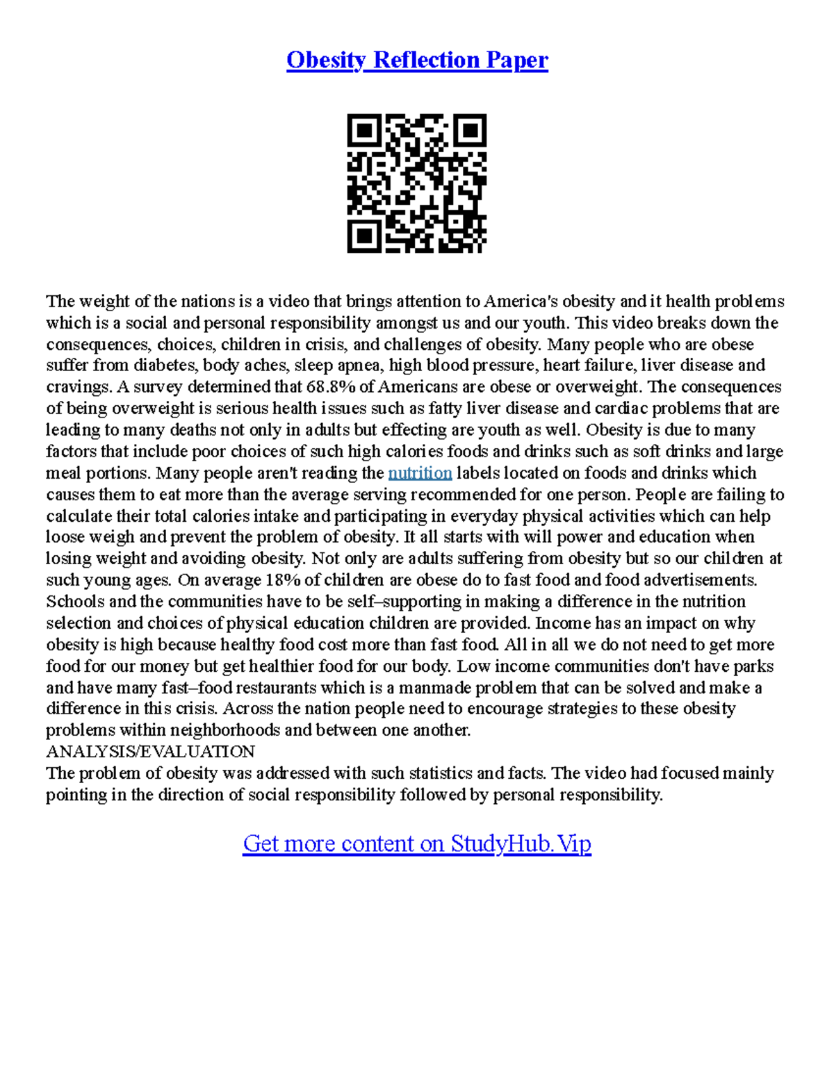Overweight Essay - Obesity Reflection Paper The weight of the nations ...