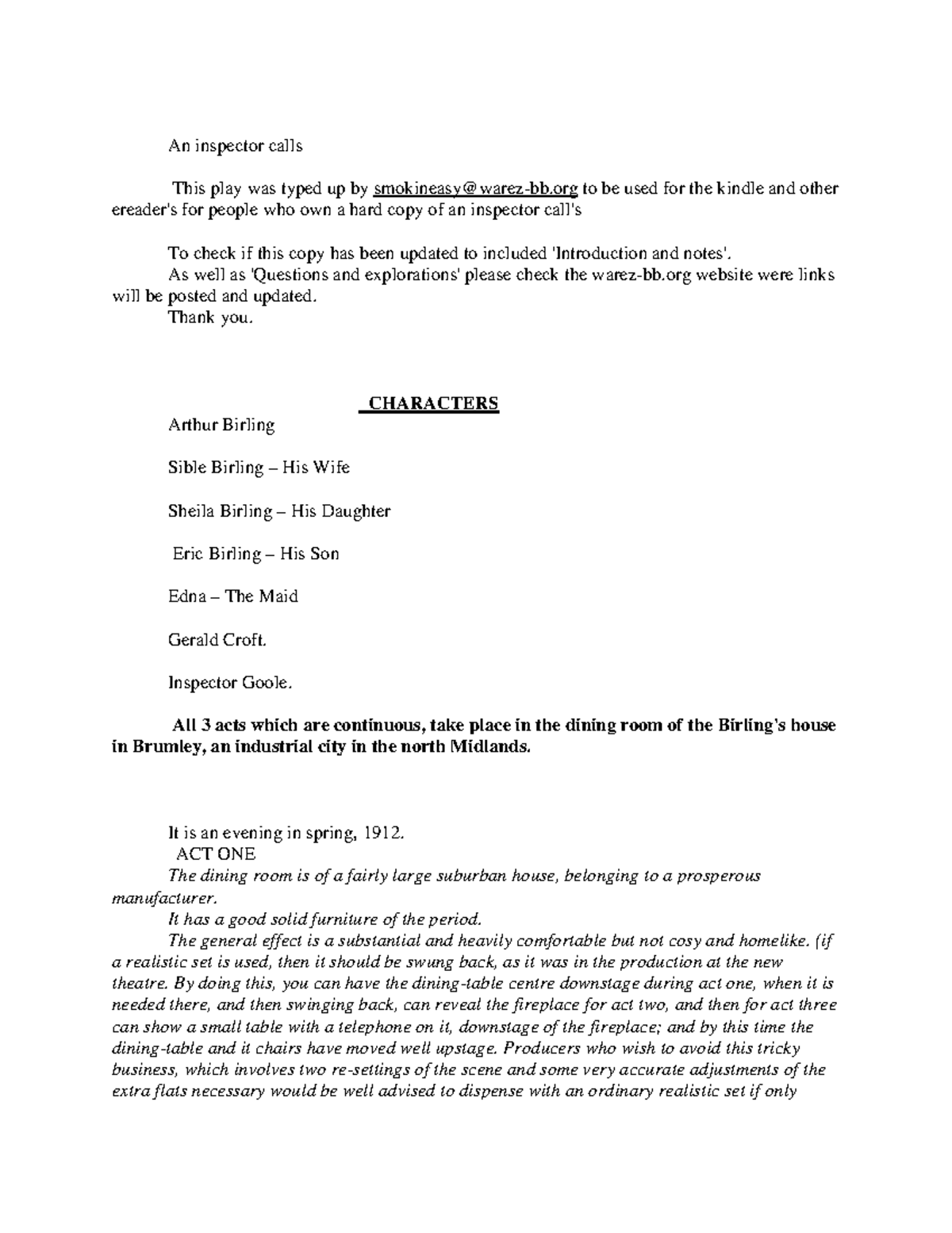 An Inspector Calls text - An inspector calls This play was typed up by ...