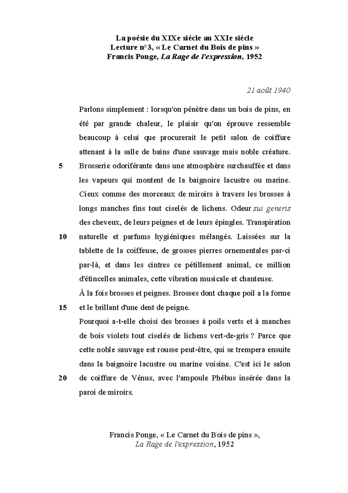 Carnet du bois de pins (Ponge) - La poésie du XIXe siècle au XXIe siècle Lecture n°3, « Le ...