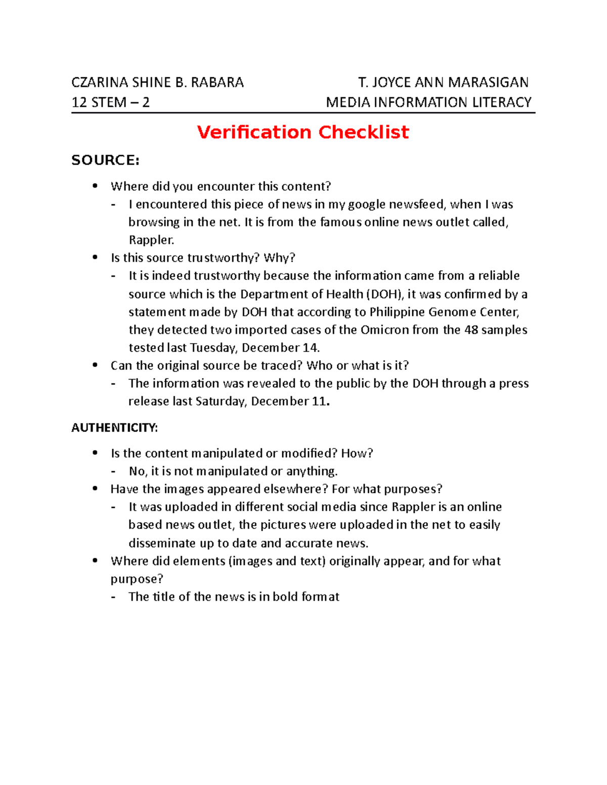 Verification Checklist - CZARINA SHINE B. RABARA T. JOYCE ANN MARASIGAN ...