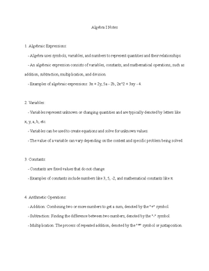 Basic Algebra Notes - Algebra I Notes Algebraic Expressions: Algebra ...