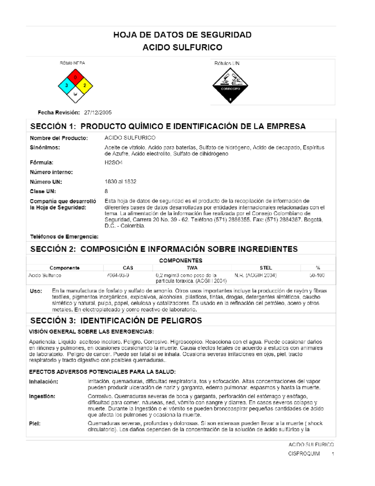 Acido Sulfurico rombo de seguridad - Quimica - Studocu