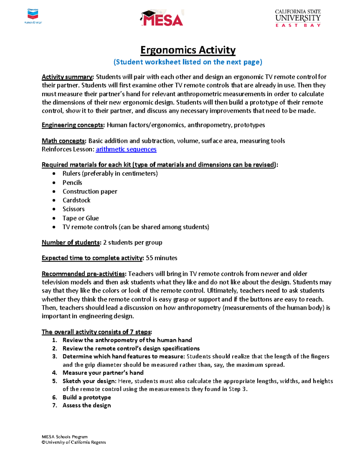 Ergonomics TVremote Activity 080714 - MESA Schools Program Ergonomics ...