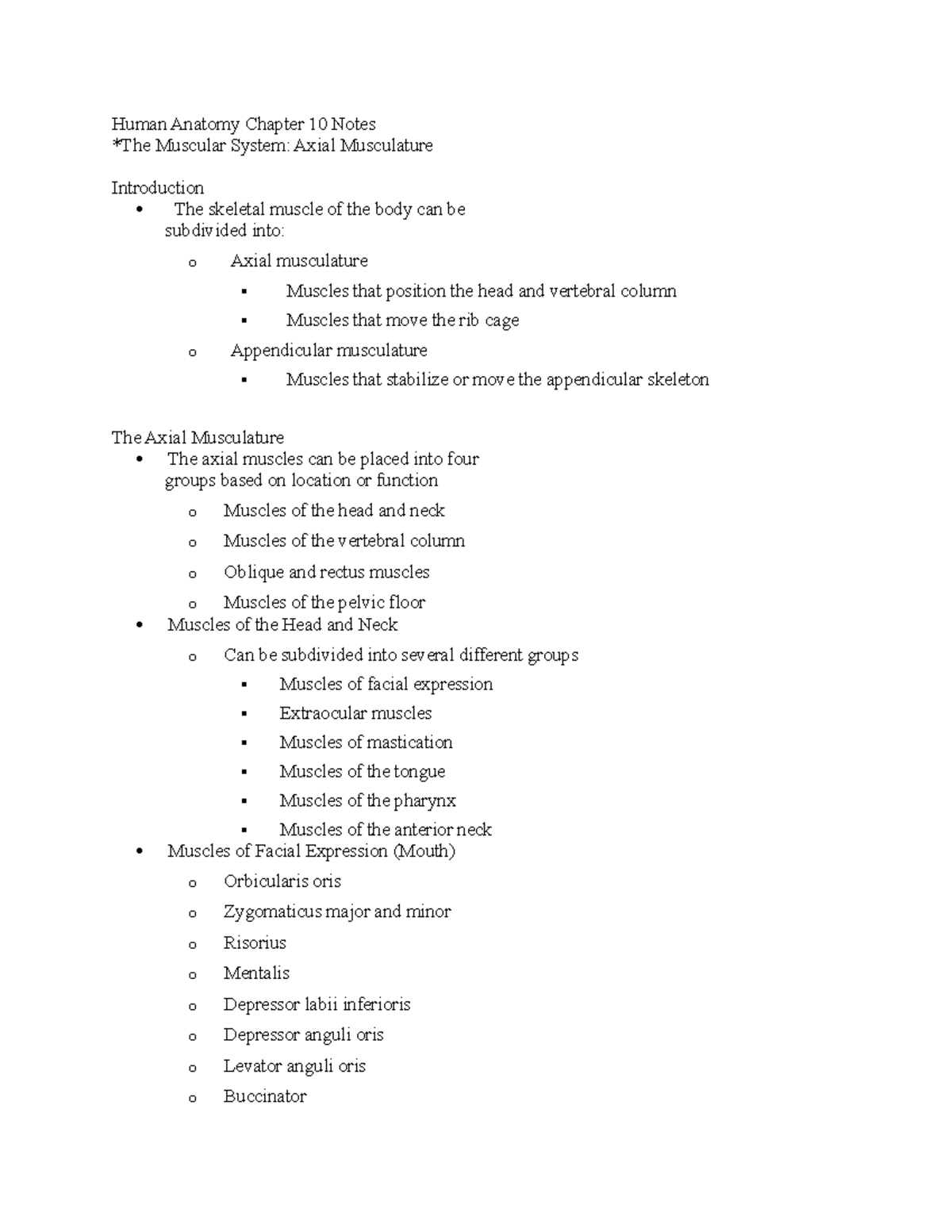 HCS212 Chapter 10 Notes - Human Anatomy Chapter 10 Notes *The Muscular ...