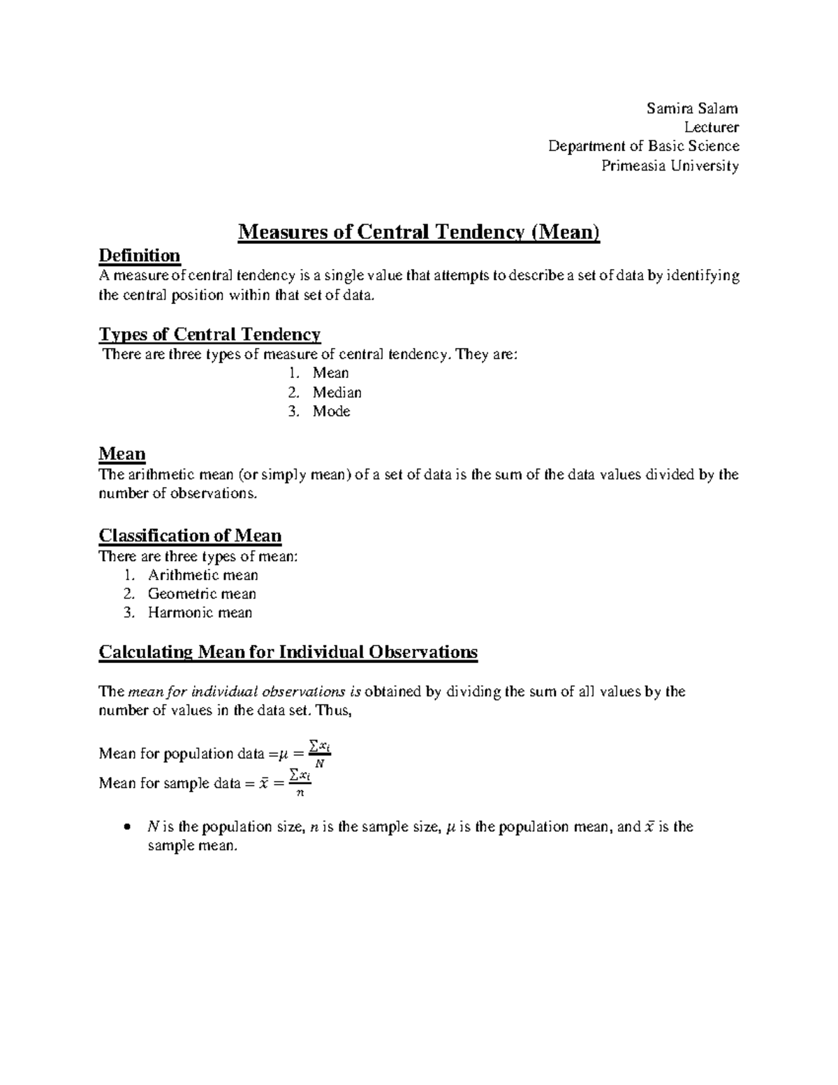 Measures of central Tendency (Mean) - Samira Salam Lecturer Department ...
