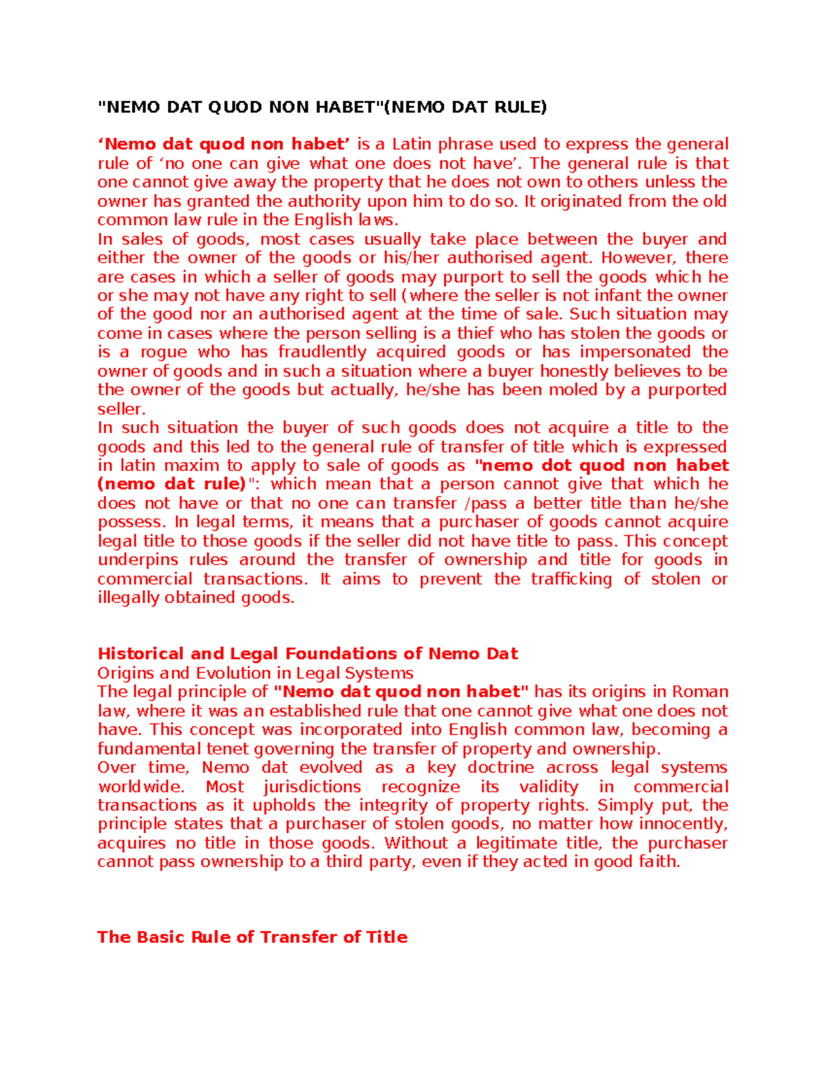 NEMO DAT QUOD NON Habet - good - "NEMO DAT QUOD NON HABET"(NEMO DAT RULE) ‘Nemo dat quod - Studocu