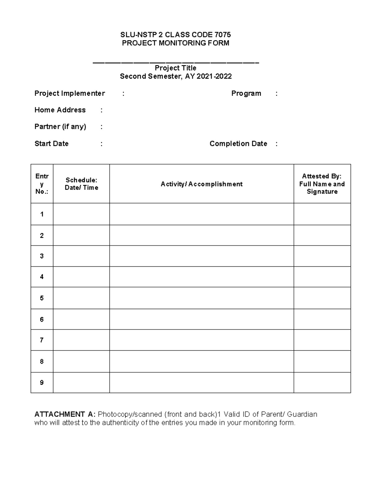 7075 Project Monitoring Form - SLU-NSTP 2 CLASS CODE 7075 PROJECT ...