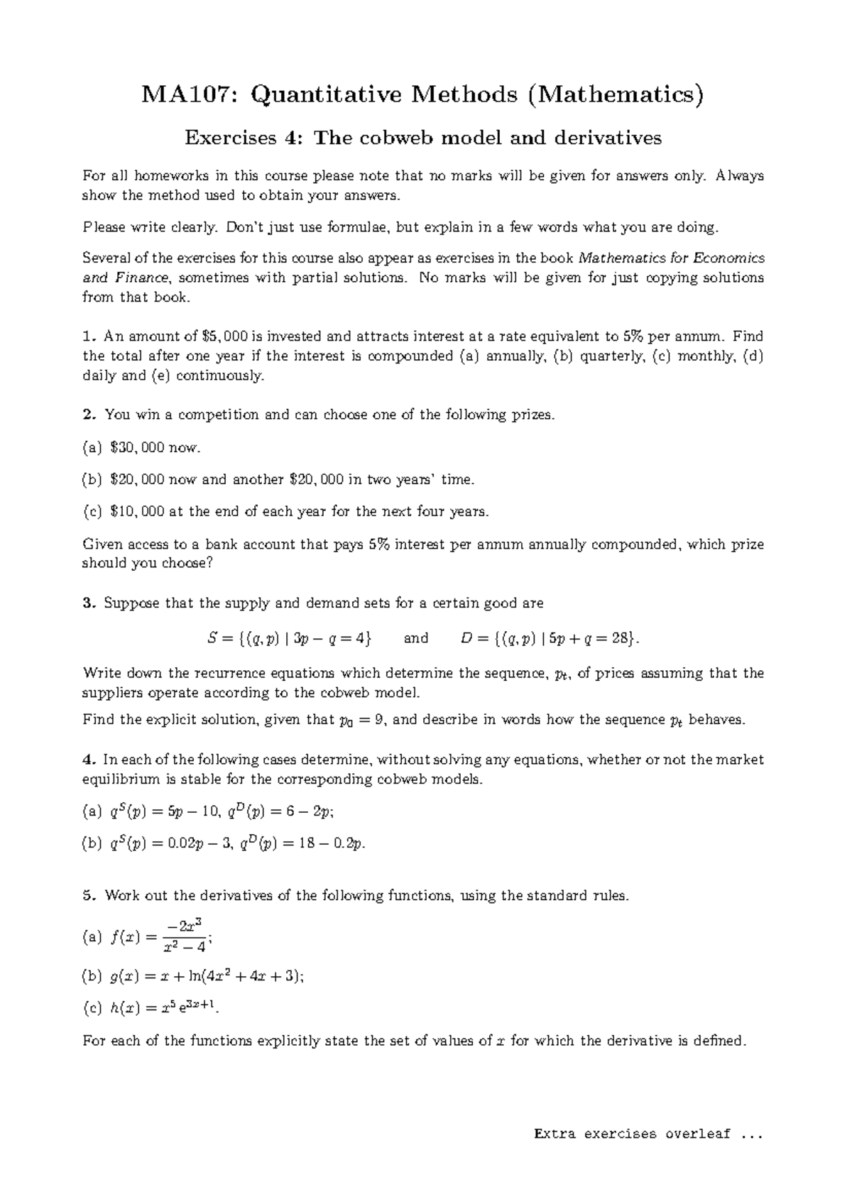 Ex 4 The cobweb model and derivatives - MA107: Quantitative Methods (Mathematics) Exercises 4 ...