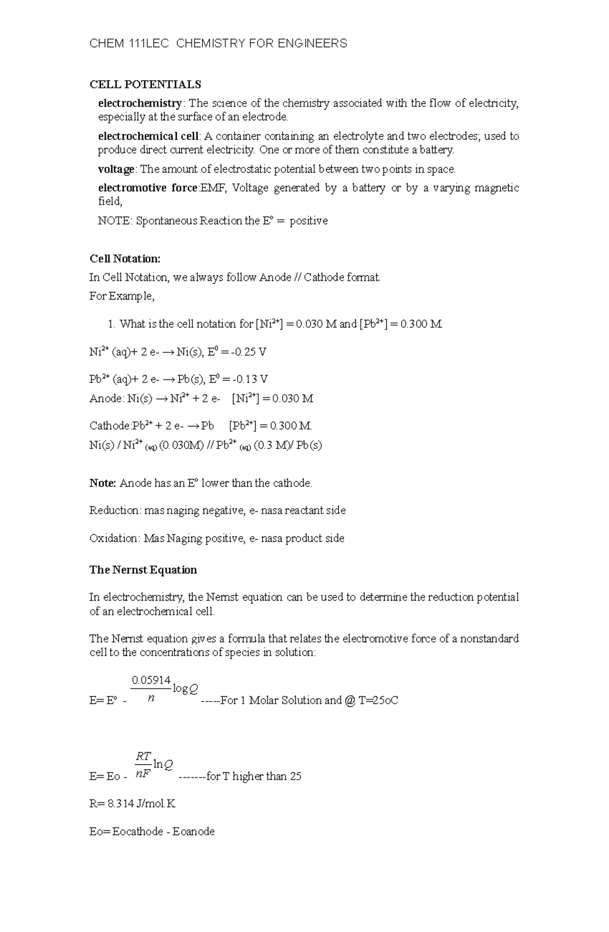 Cell Potentials in Chemistry - WMSU - Studocu