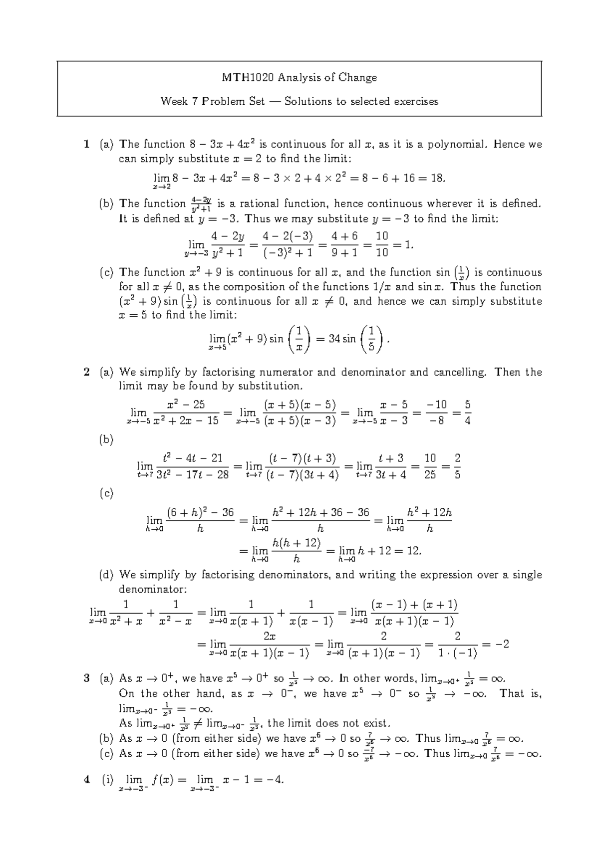 Week 7 problem set solutions - MTH1020 Analysis of Change Week 7 Problem Set — Solutions to ...