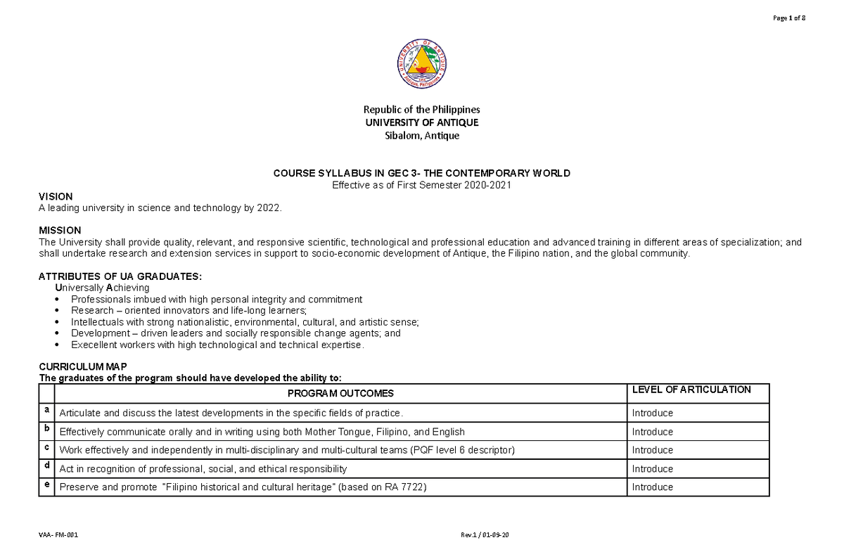 GEC 3 The Contemporary World Course Syllabus August 2020 - Republic of ...
