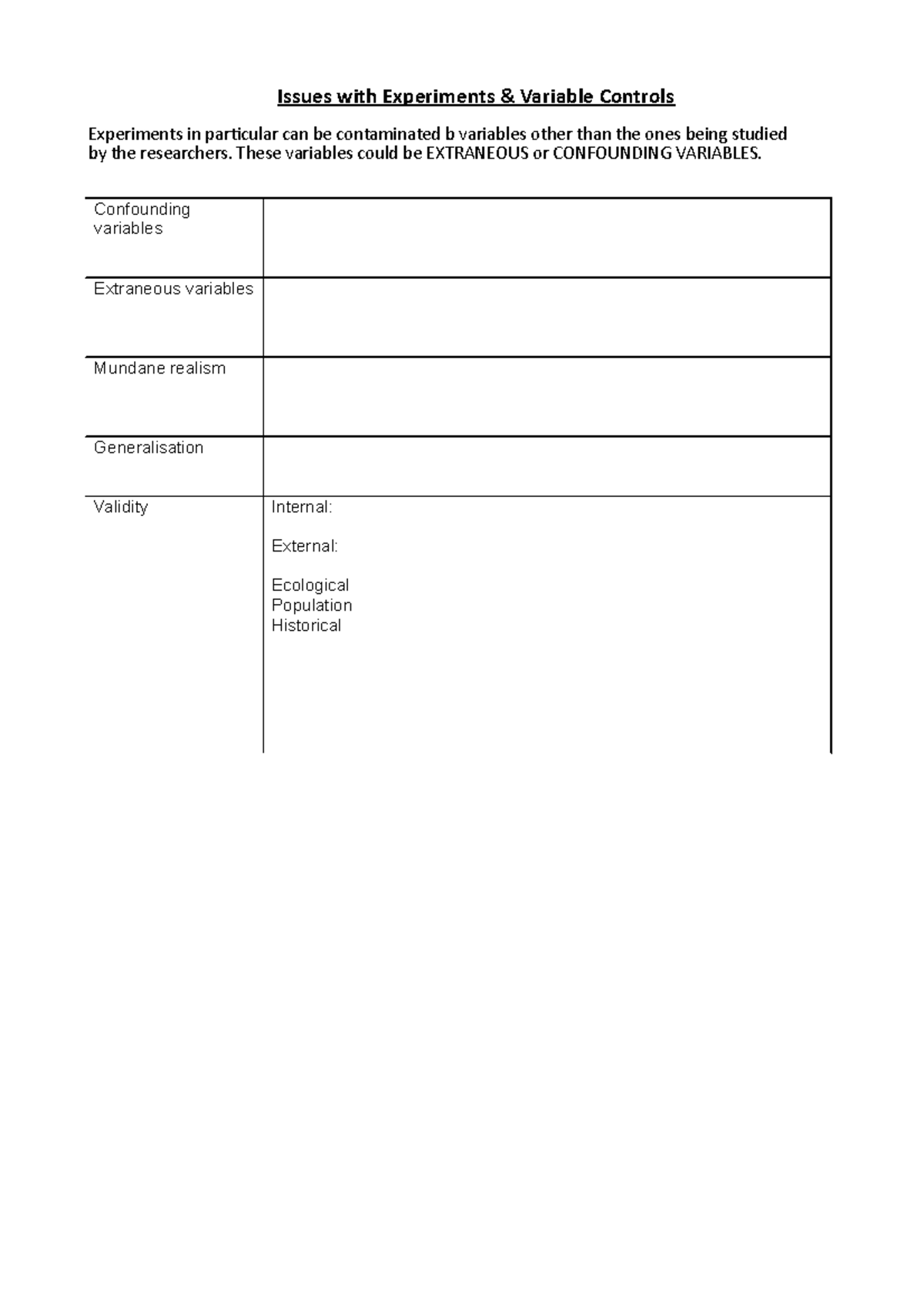 Worksheet - practise - Issues with Experiments & Variable Controls ...