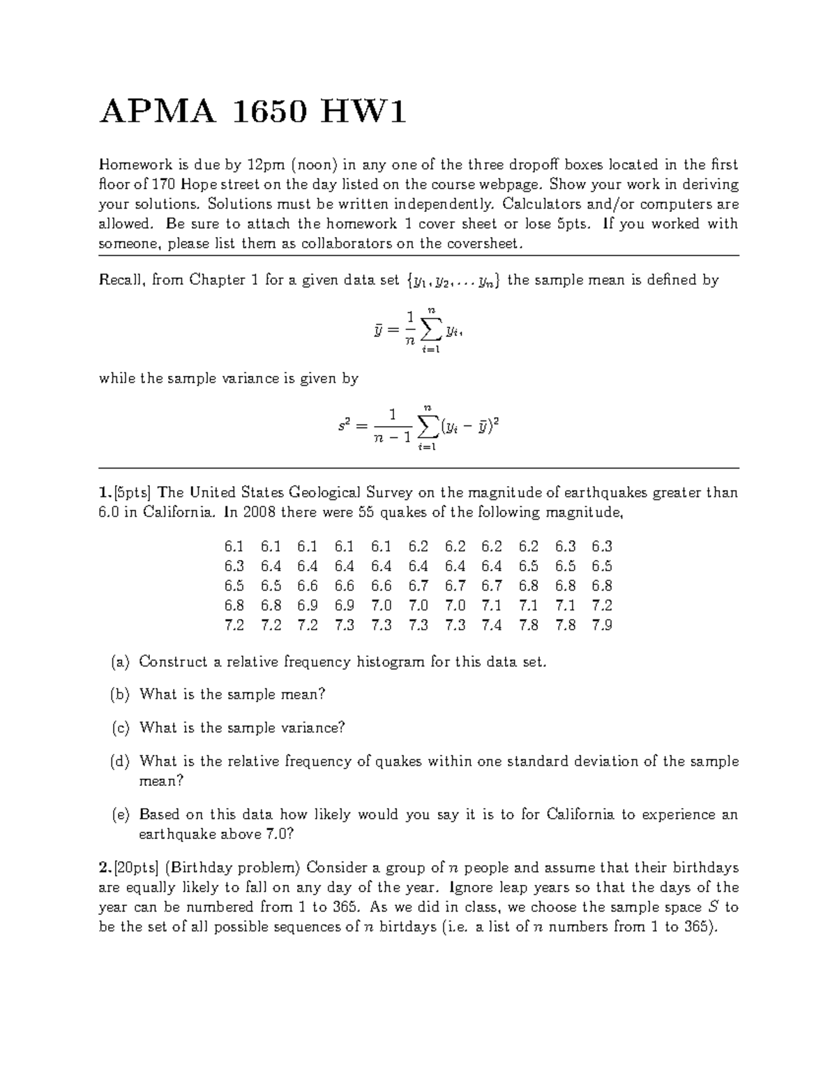 HW1 - First problem set - APMA 1650 HW Homework is due by 12pm (noon) in any one of the three ...