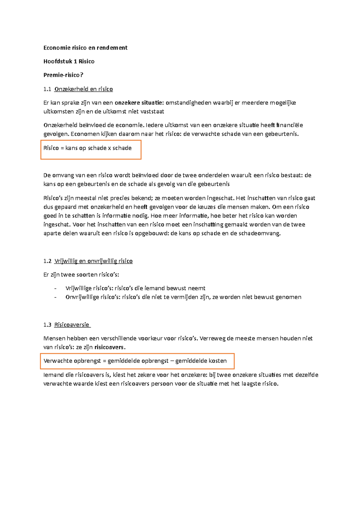 Economie risico en rendement - Economie risico en rendement Hoofdstuk 1 ...