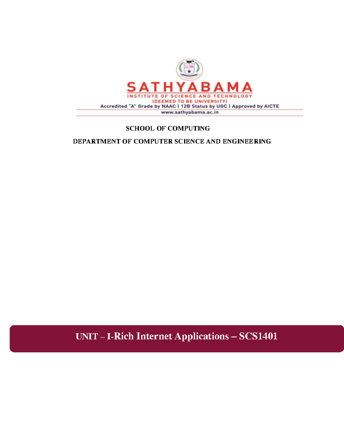 Unit-I - Very good notes - SCHOOL OF COMPUTING DEPARTMENT OF COMPUTER ...