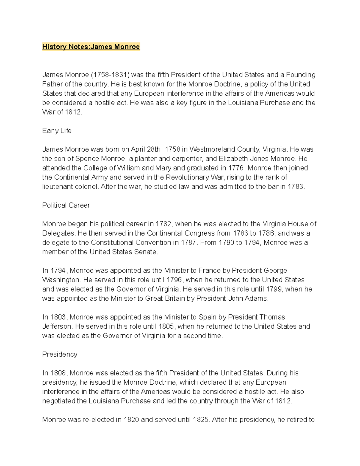 History AP (29) - History Notes:James Monroe James Monroe (1758-1831 ...