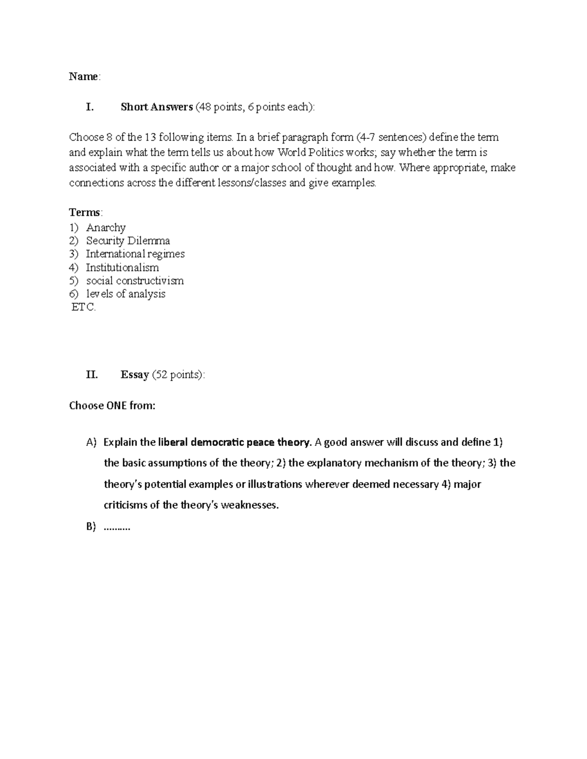 Mock Sheet Practice - Name: I. Short Answers (48 points, 6 points each ...