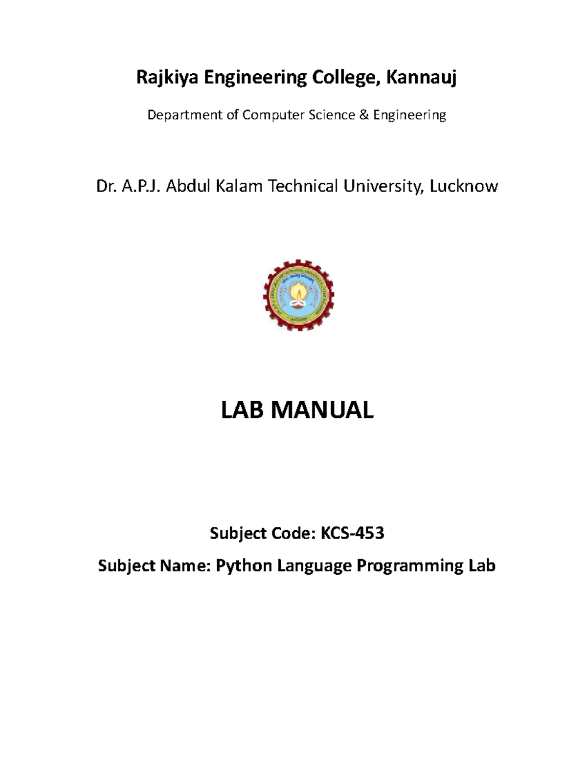 KCS-453 lab manual - NULL - Rajkiya Engineering College, Kannauj Department of Computer Science ...