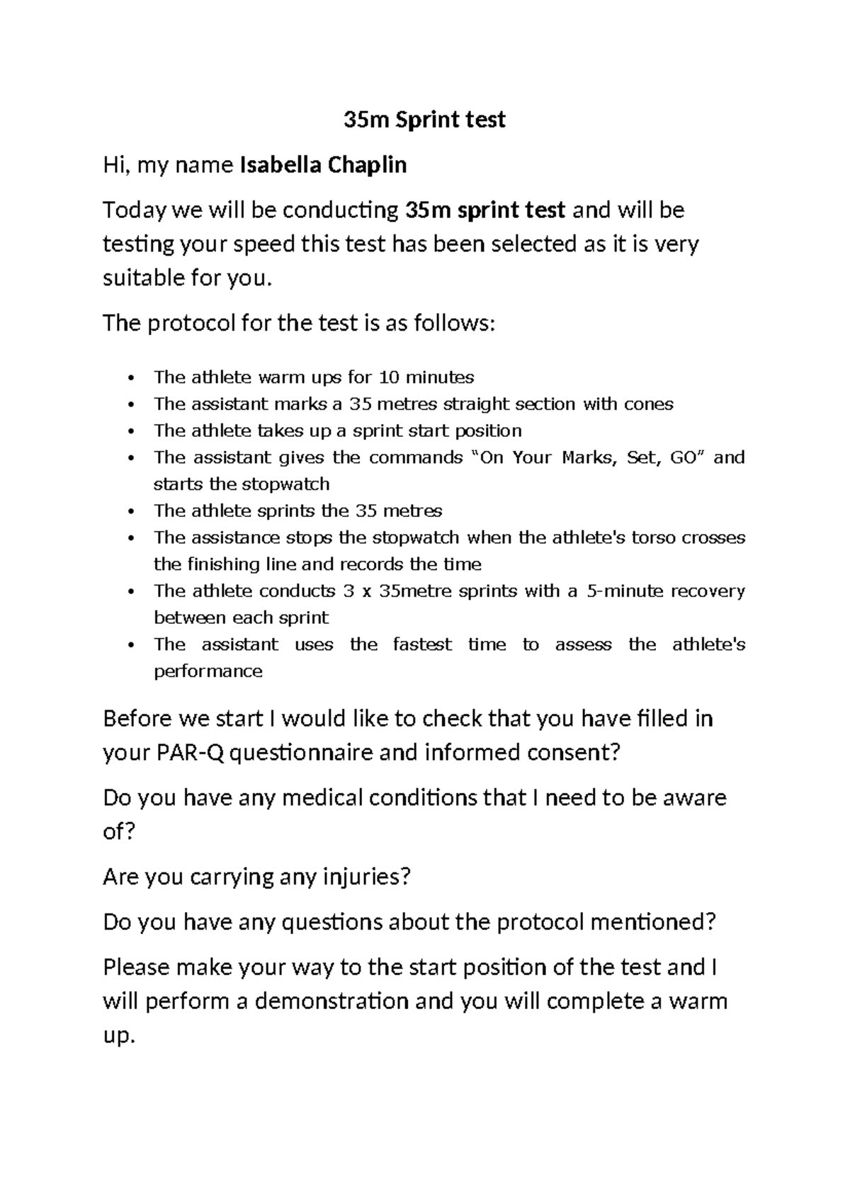 Script 35m sprint test - 35m Sprint test Hi, my name Isabella Chaplin ...