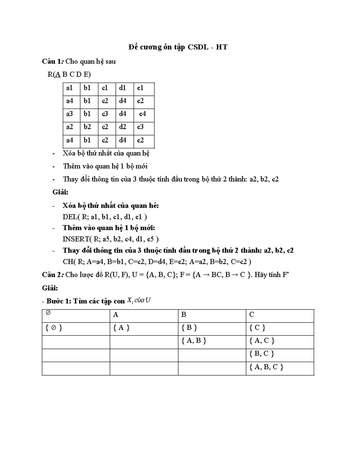 Csdlll - ậmlk - Đề cương ôn tập CSDL - HT Câu 1: Cho quan hệ sau R(A B C D E) a1 b1 c1 d1 e a4 ...