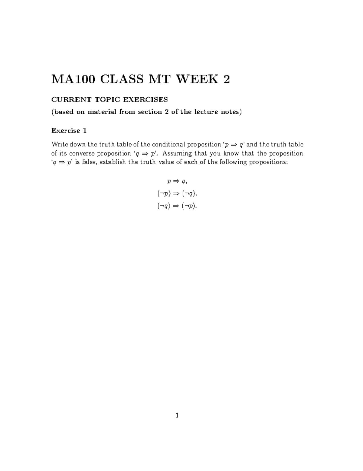 Class 1 Exercises - MA100 CLASS MT WEEK 2 CURRENT TOPIC EXERCISES ...