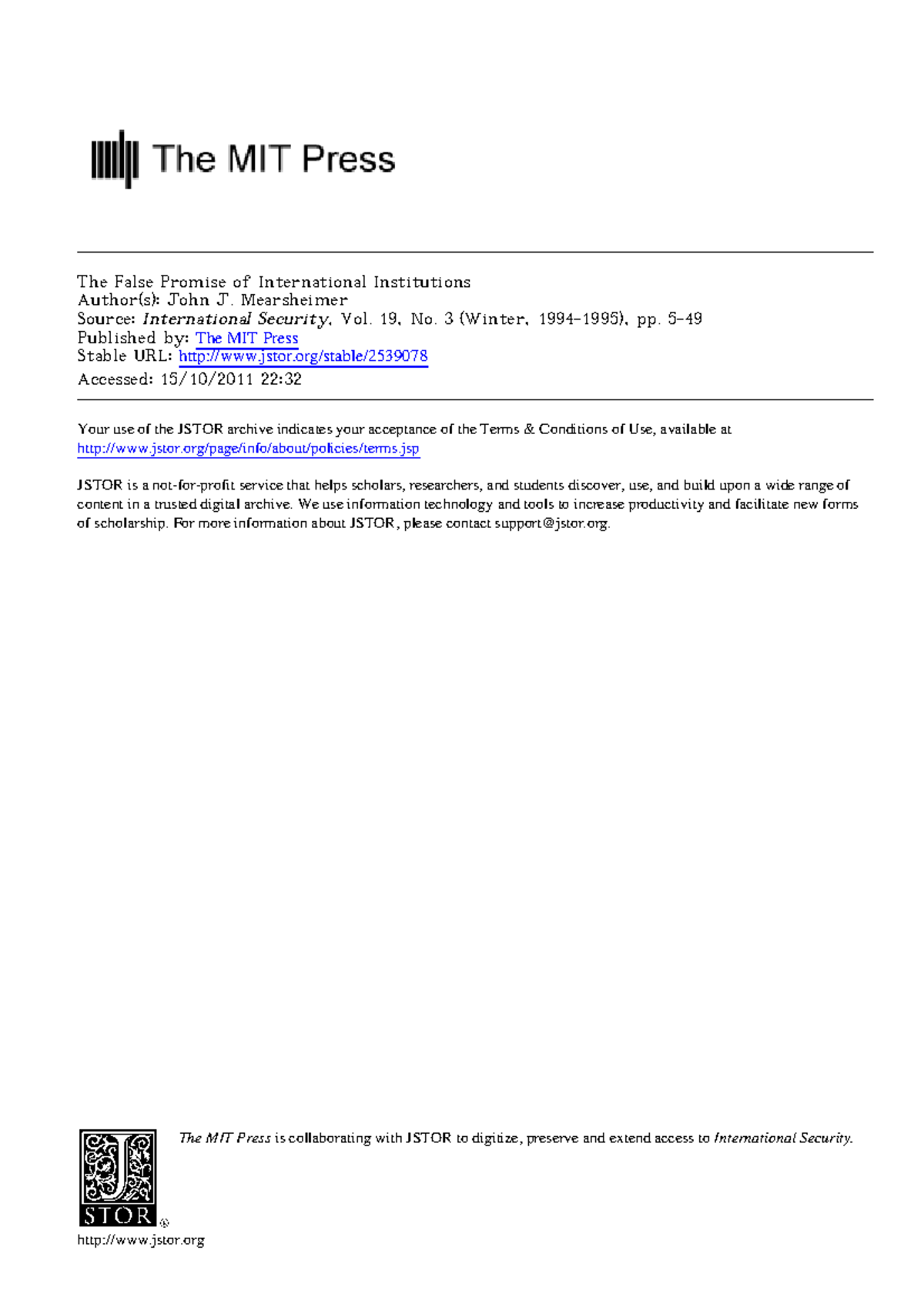 Mearsheimer 1994 - The False Promise of International Institutions ...