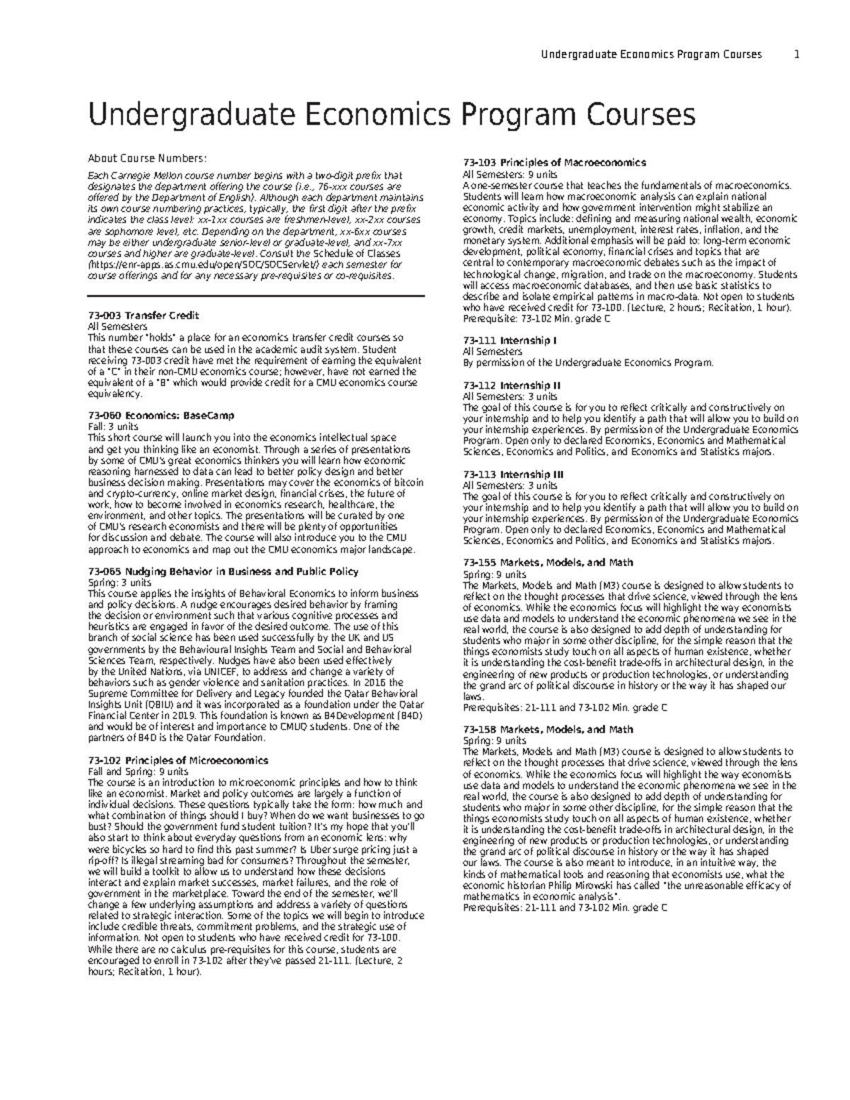 Courses of macro - Undergraduate Economics Program Courses About Course ...