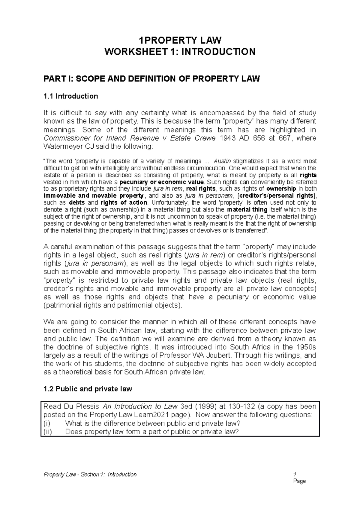 Worksheet 1 Introduction - 1PROPERTY LAW WORKSHEET 1: INTRODUCTION PART ...
