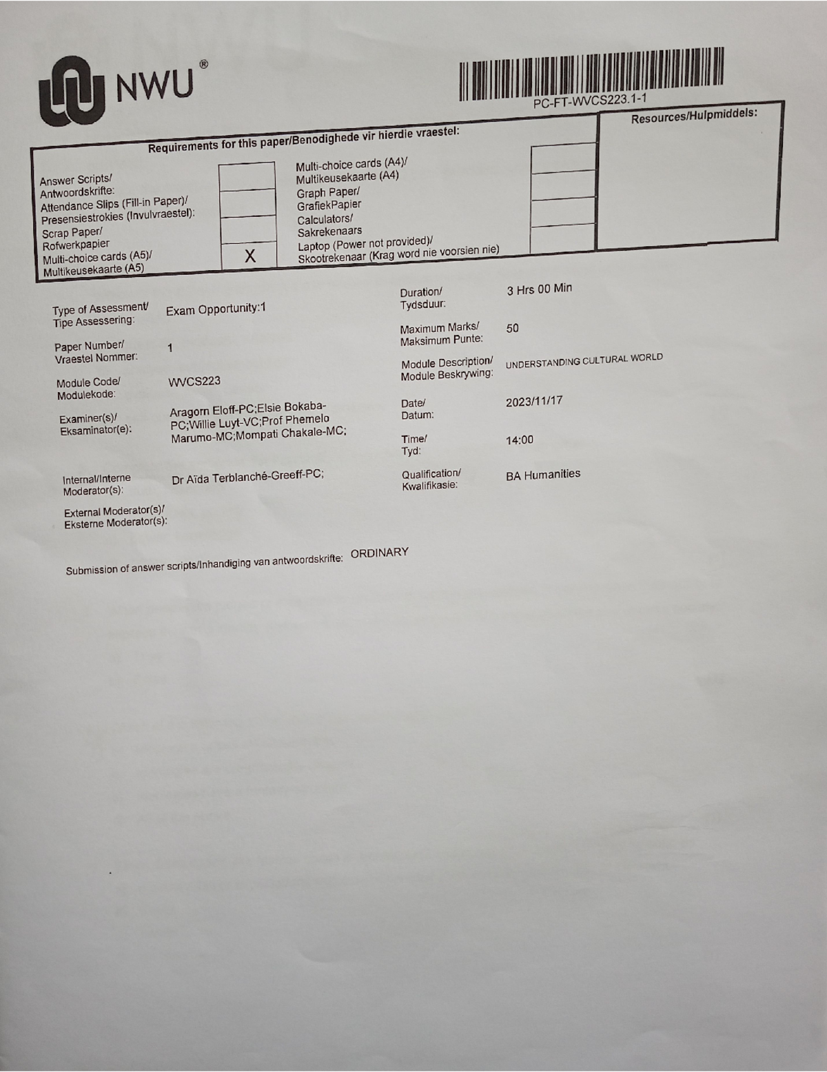Wvcs 223 exam - Past exam paper for practice - R NWU Requirements for ...