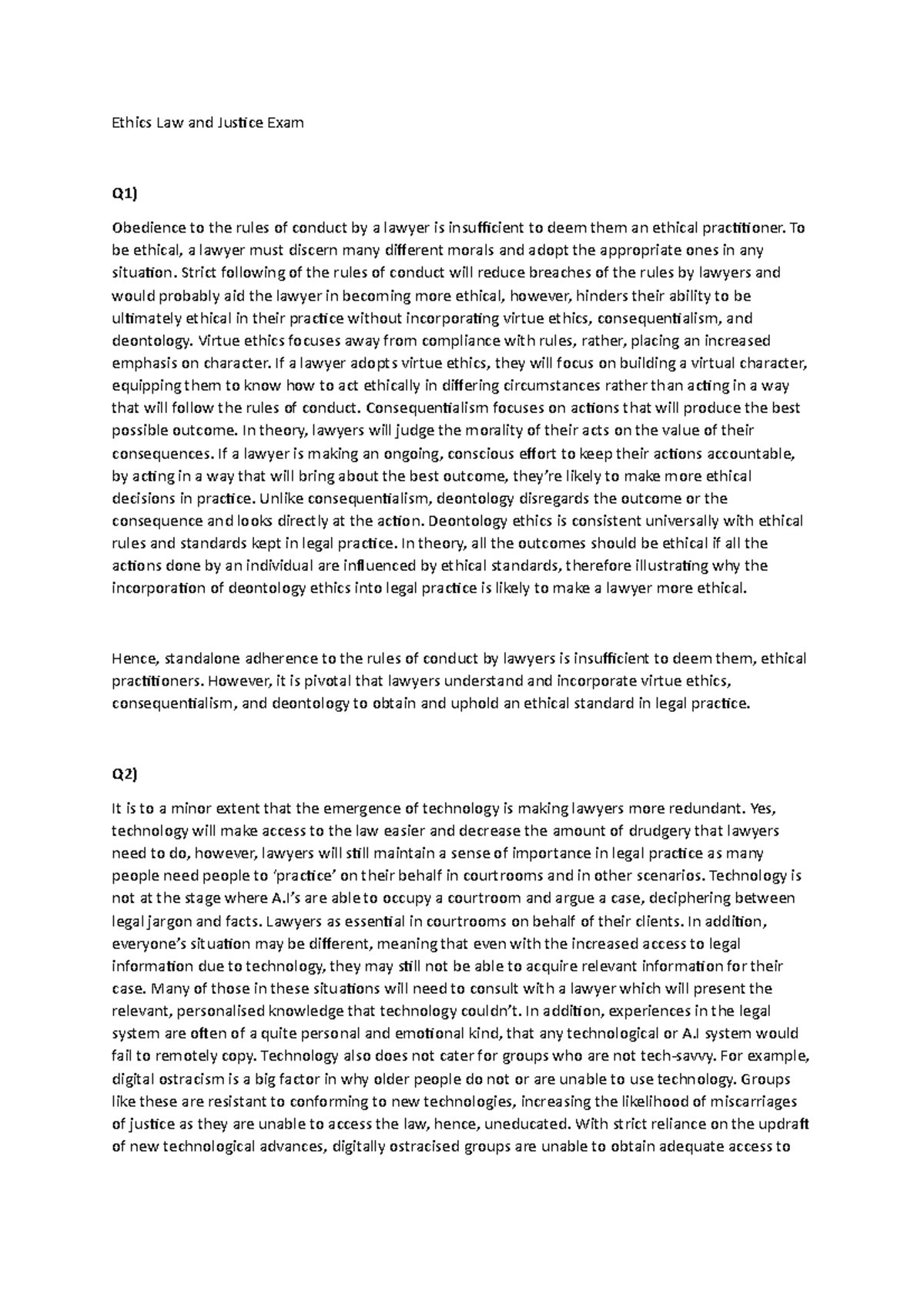 Ethics Law and Justice Exam - Ethics Law and Justice Exam Q1) Obedience ...