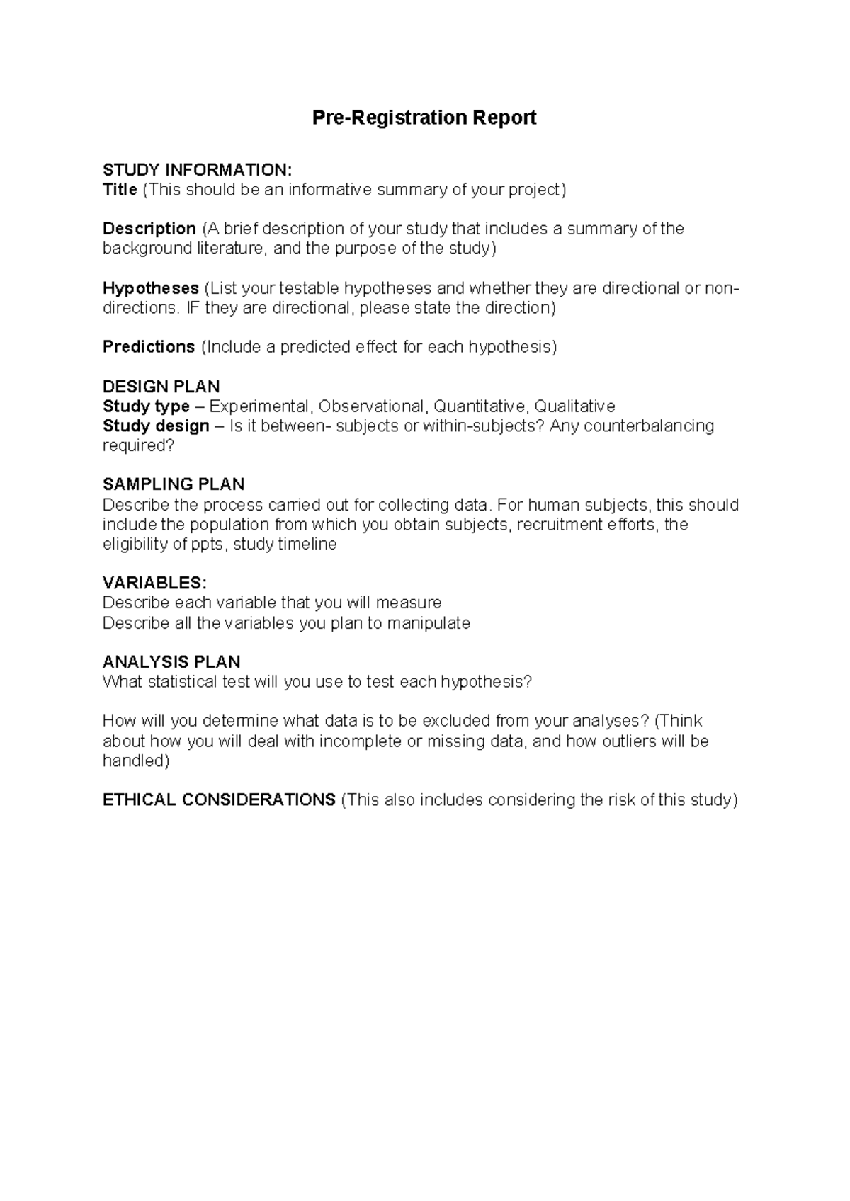 Pre-registration template - Pre-Registration Report STUDY INFORMATION ...