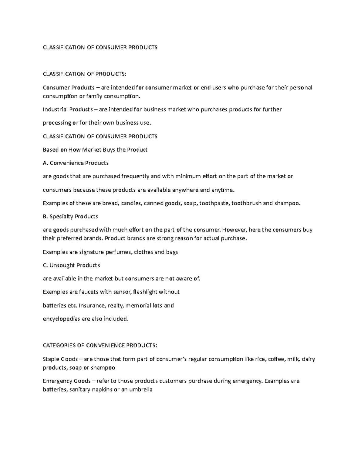 Classification OF Consumer Products - CLASSIFICATION OF CONSUMER ...