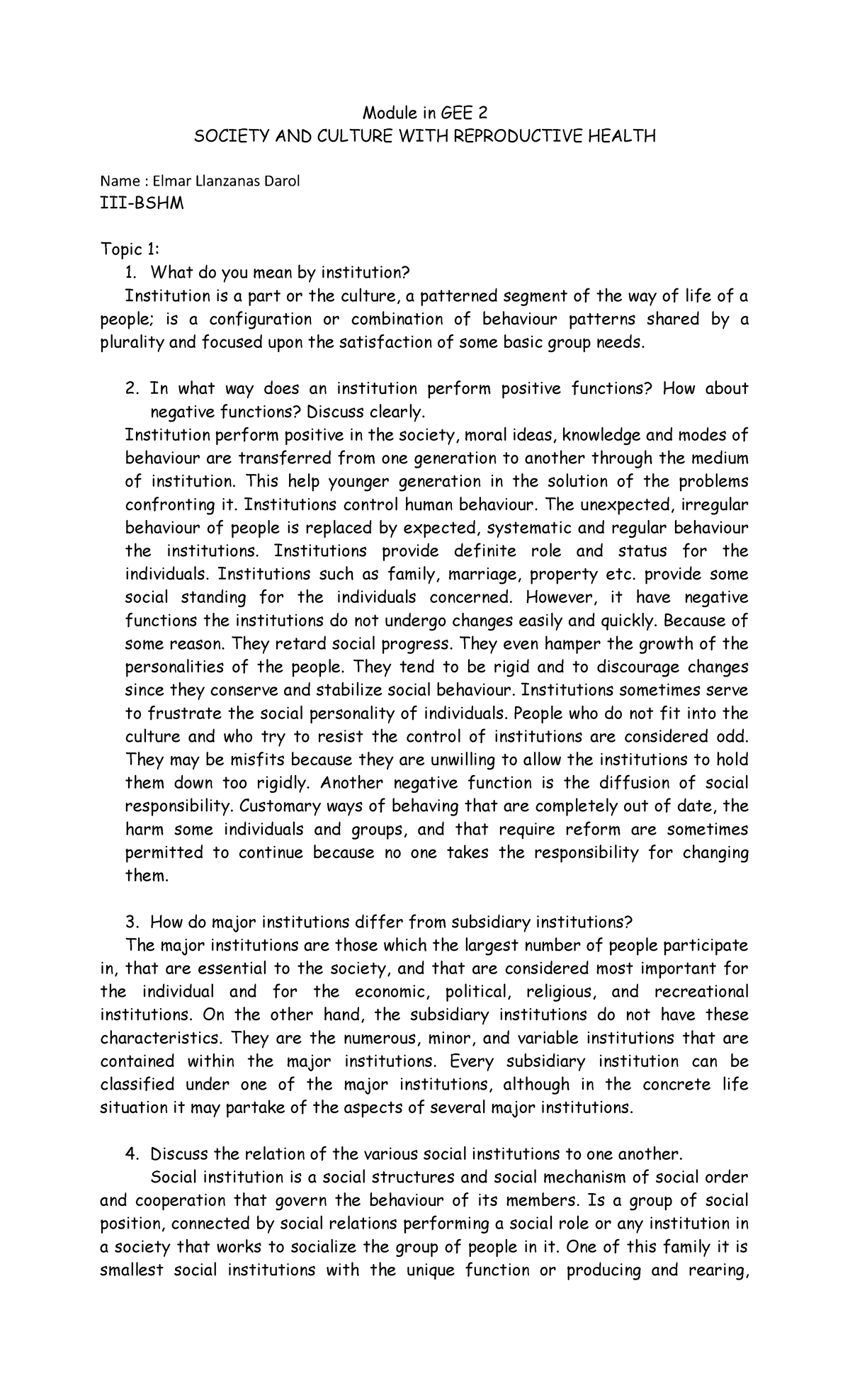 Module in GEE 2 answer - Module in GEE 2 SOCIETY AND CULTURE WITH REPRODUCTIVE HEALTH Name ...