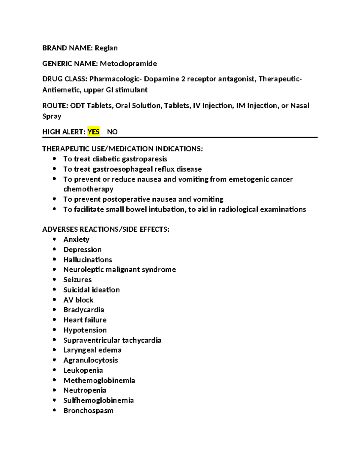 MINI DRUG CARD Reglan;Metoclopramide - BRAND NAME: Reglan GENERIC NAME ...