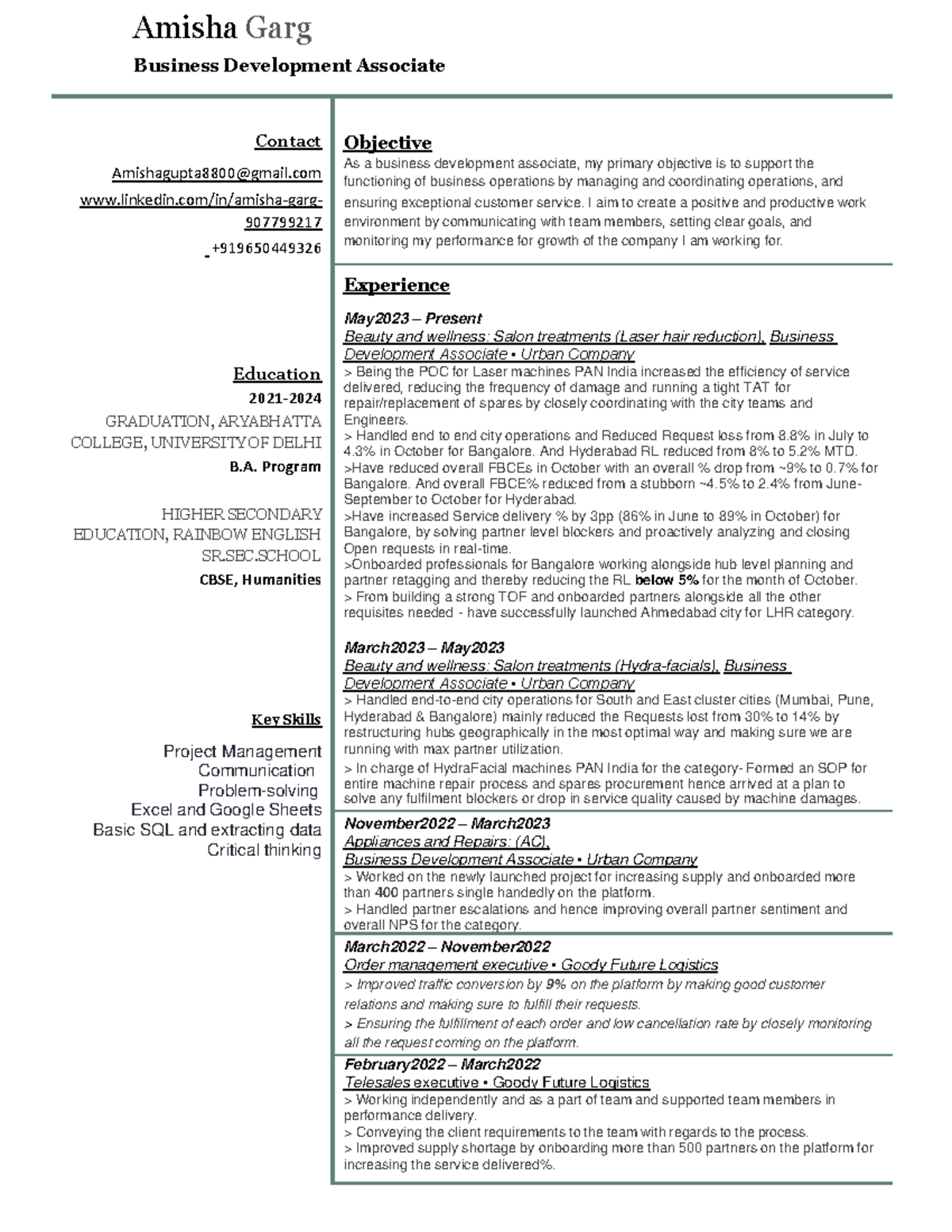 Amisha Garg Resume - xmchc - Amisha Garg Business Development Associate Contact Objective - Studocu