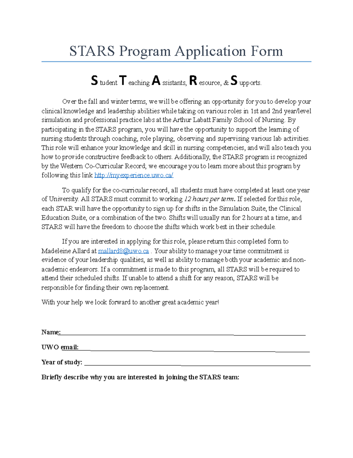 Stars Program Application Form 2022-23 - STARS Program Application Form ...