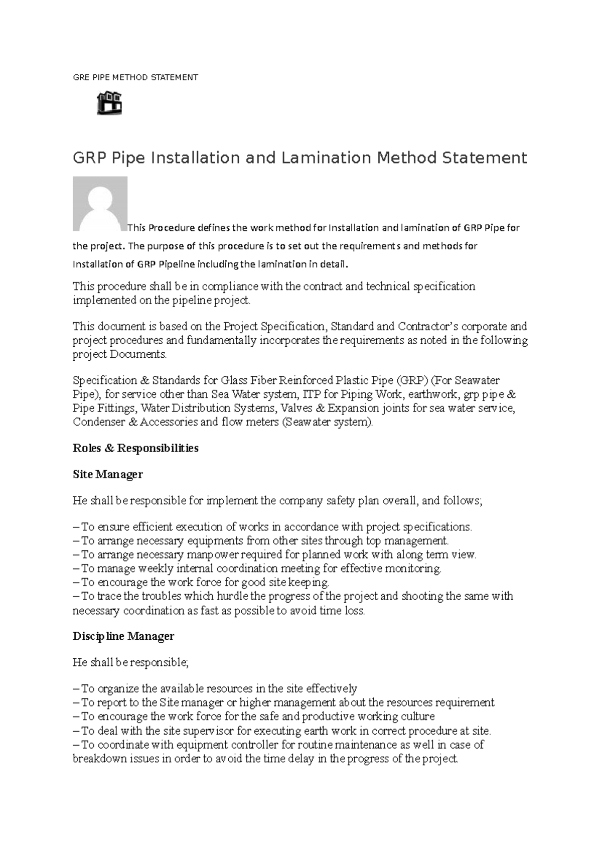 Gre pipe method statement - GRE PIPE METHOD STATEMENT Method Statement ...