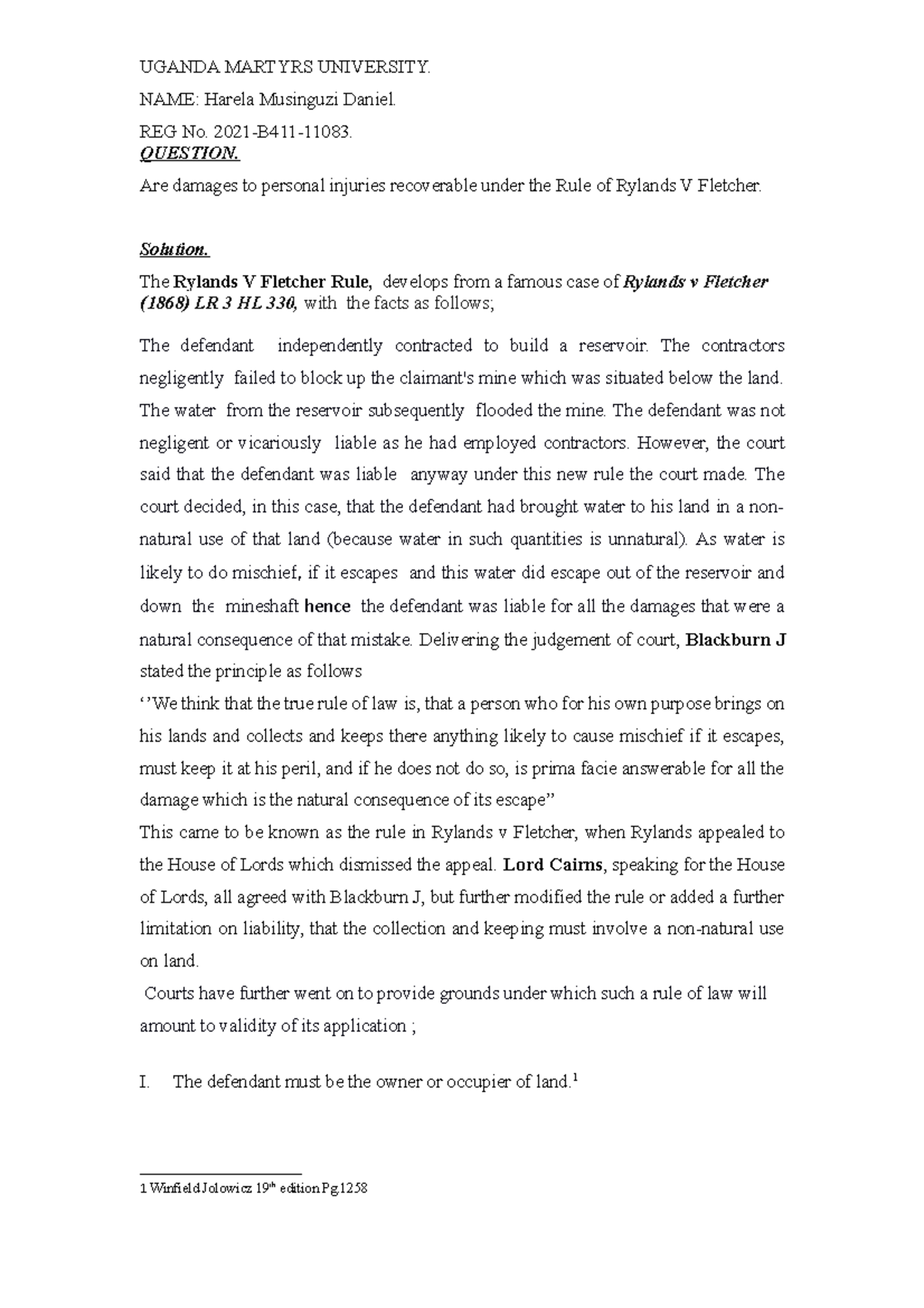 TORT Rylands - course work - UGANDA MARTYRS UNIVERSITY. NAME: Harela ...