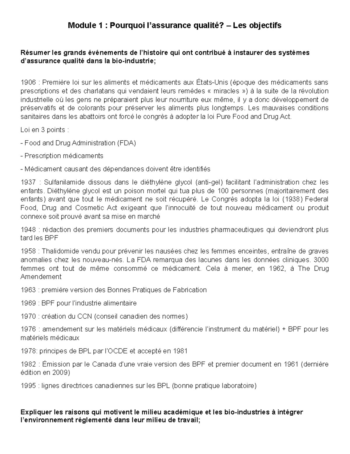 Module 1 - Les objectifs - Module 1 : Pourquoi l’assurance qualité? – Les objectifs Résumer les ...