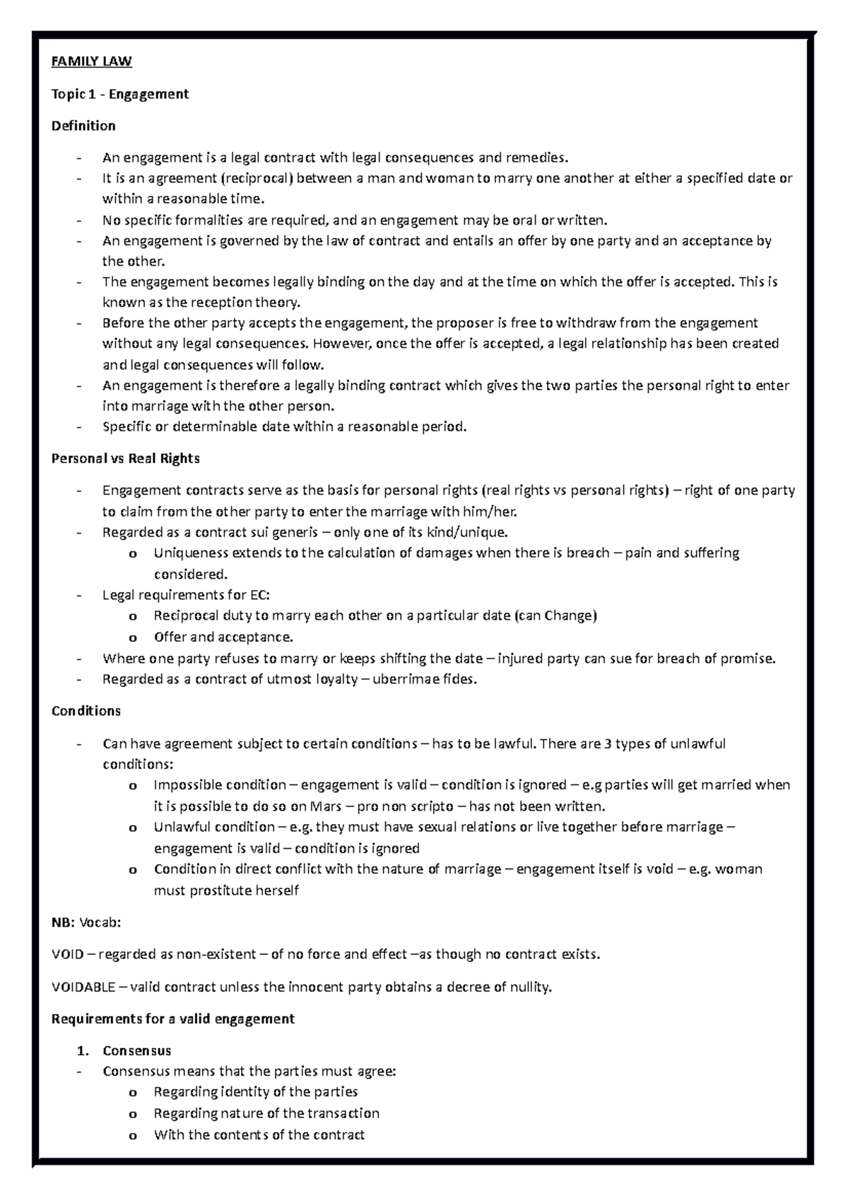 Engagement - Notes - FAMILY LAW Topic 1 - Engagement Definition An ...