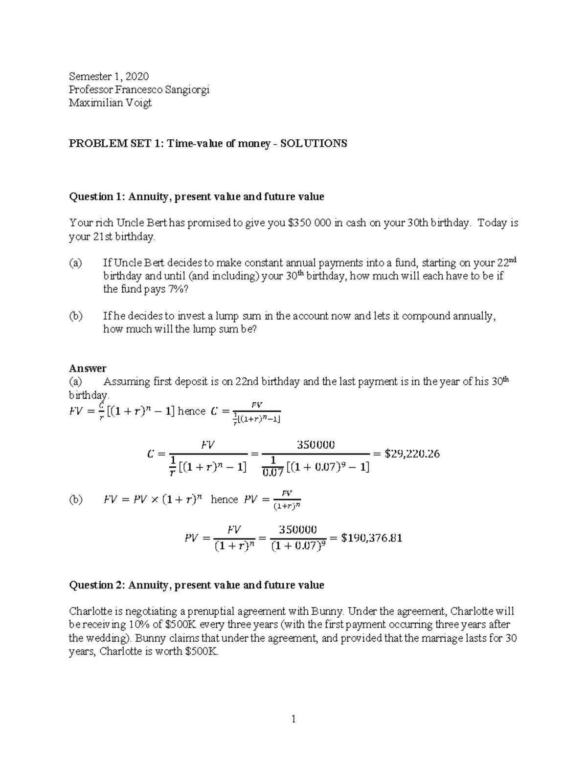 01 Problem Set solutions - Semester 1, 2020 Professor Francesco ...