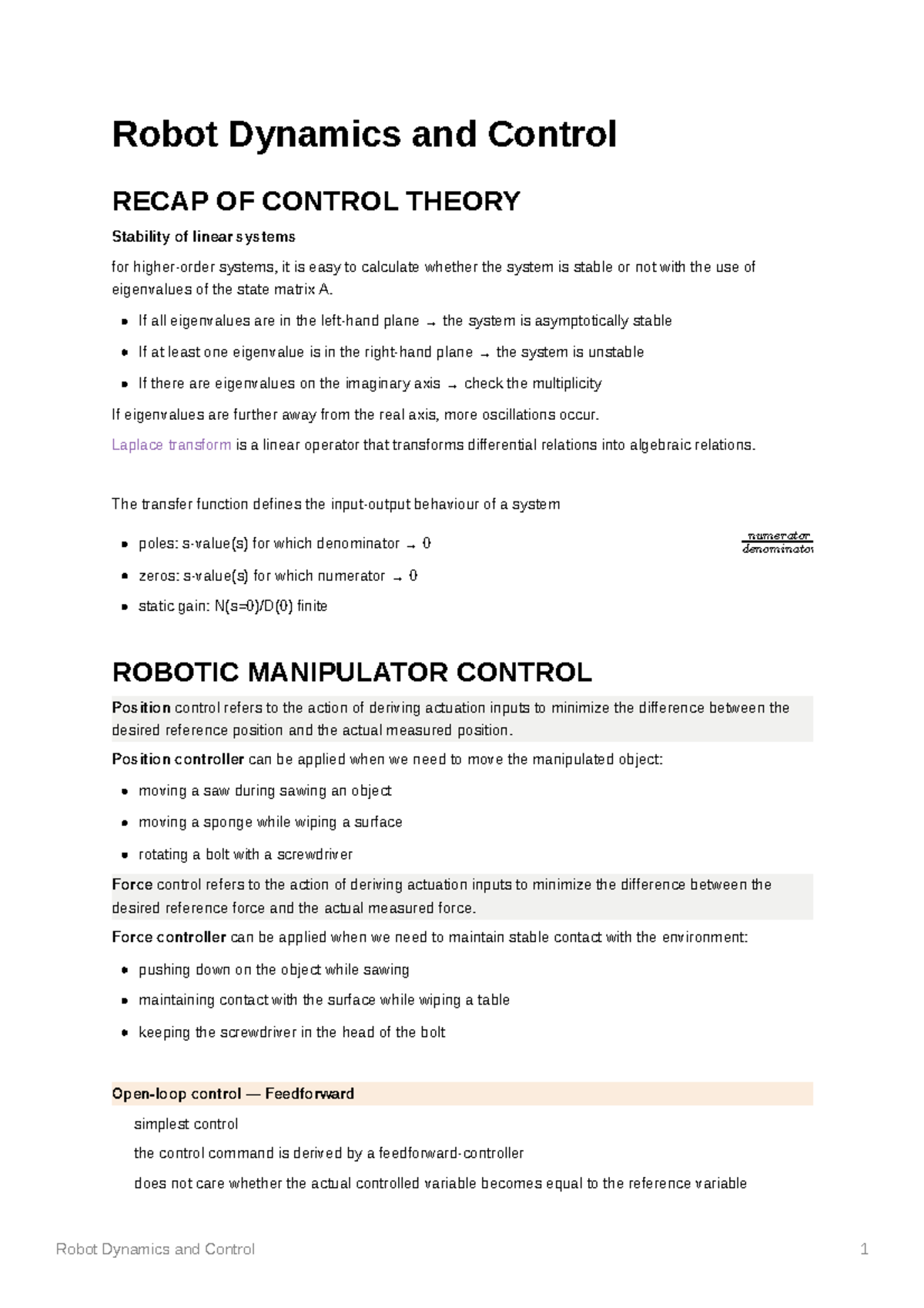 Robot Dynamics and Control - Robot Dynamics and Control RECAP OF CONTROL THEORY Stability of ...