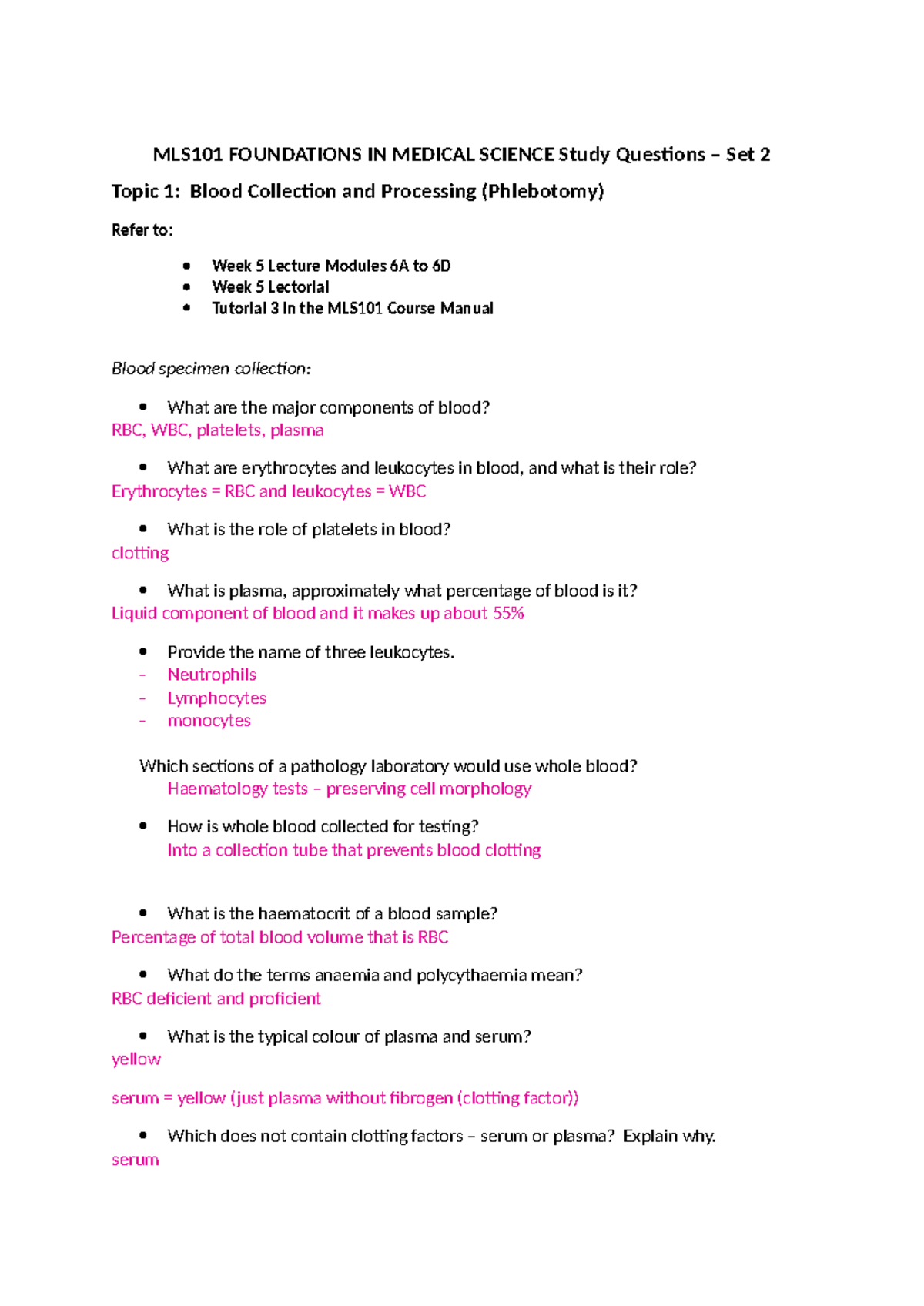 Completed MLS Revision Doc - MLS101 FOUNDATIONS IN MEDICAL SCIENCE ...