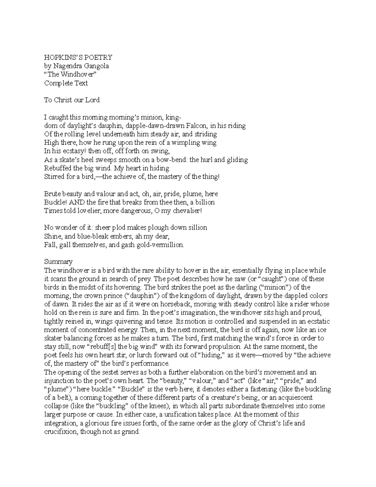 - Lecture notes - HOPKINS’S POETRY by Nagendra Gangola “The Windhover ...