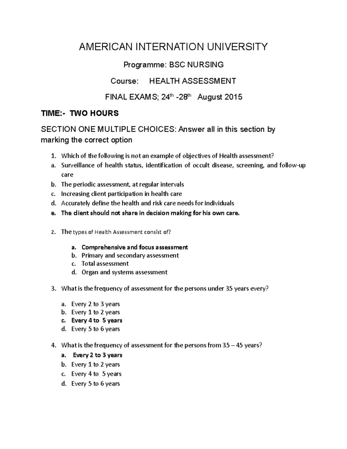 Final Exams Health Assessment August 2015-2 - AMERICAN INTERNATION ...