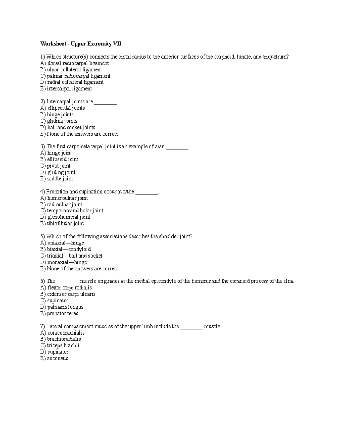 WS - Upper Extremity VII - Worksheet - Upper Extremity VII Which ...